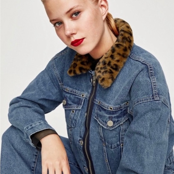 Zara | Jackets & Coats | Zara Leopard Print Faux Fur Collar Zip Front ...